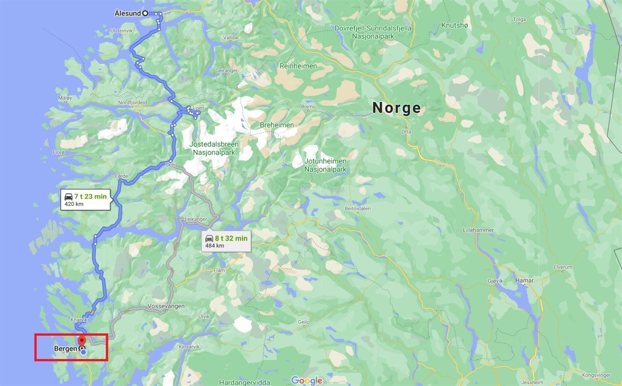 Kjøre fra Ålesund til Bergen - reisetid og kjørerute